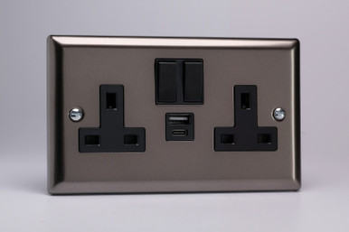 Varilight Pewter 2-Gang 13A Single Pole Switched Socket with 1x USB A ...