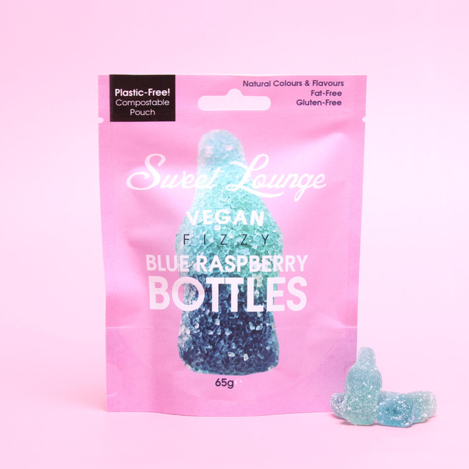 Plastic-free Vegan Fizzy Blue Raspberry Bottles 65g | Sweet Lounge