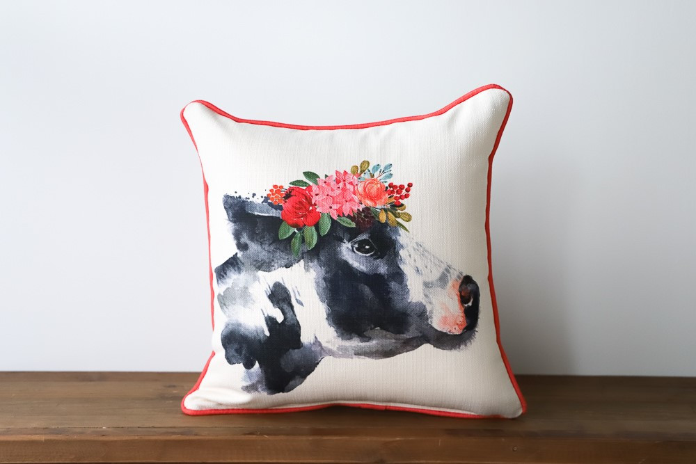 Watercolor Style Cow with Flower Crown Square Pillow - Country Marketplace