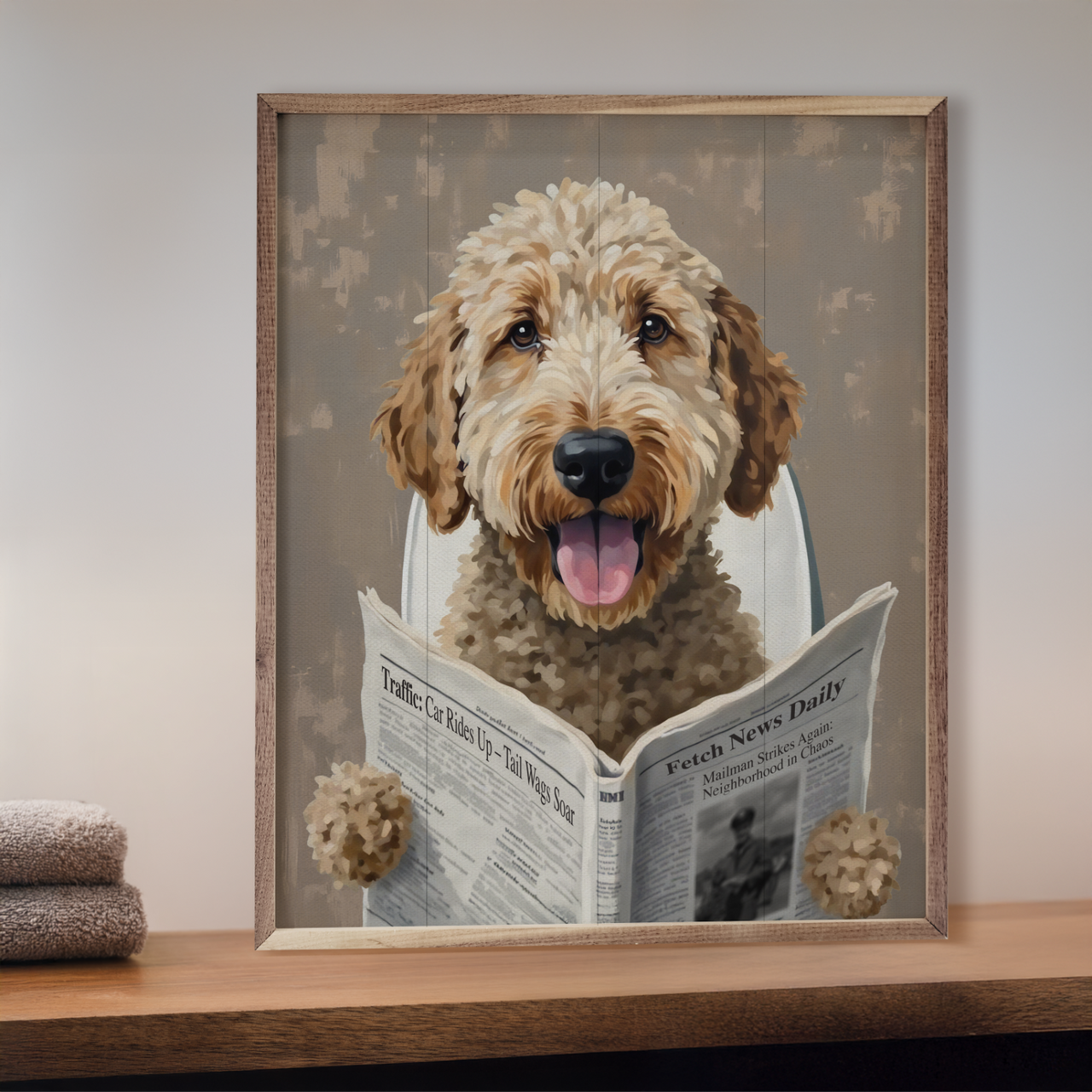 Doodle Dog Reading The Paper on the Toilet - Silly Bathroom Wood Framed ...