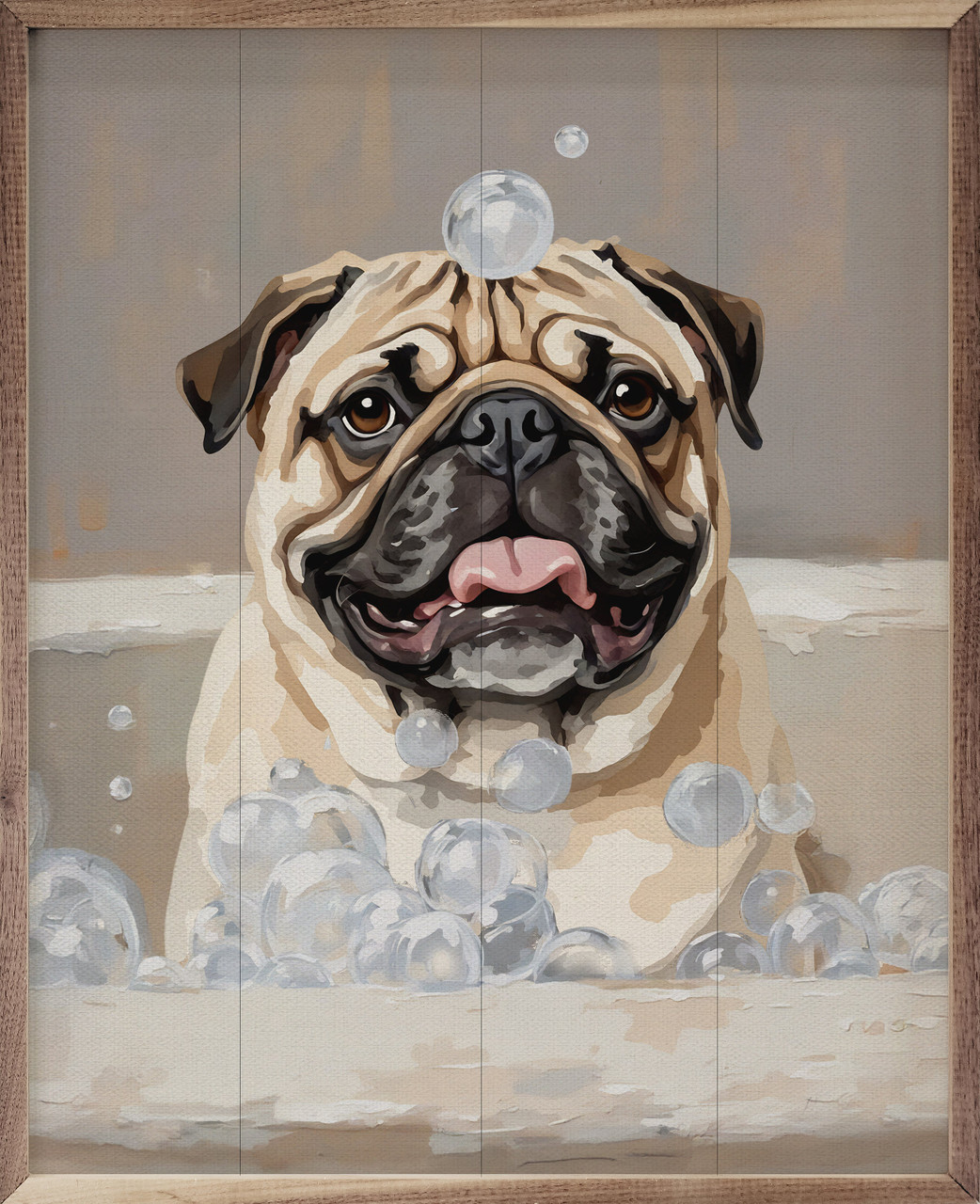 Funny Pug Dog Taking A Bath - Bathroom Wood Framed Wall Art - Multiple ...