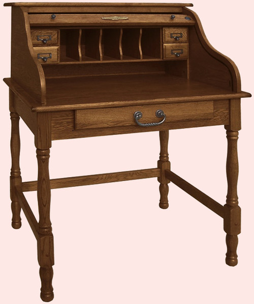 Solid Oak Wood Mini Roll Top Desk 32W x 24D x 44H Small Writing or Laptop Desk