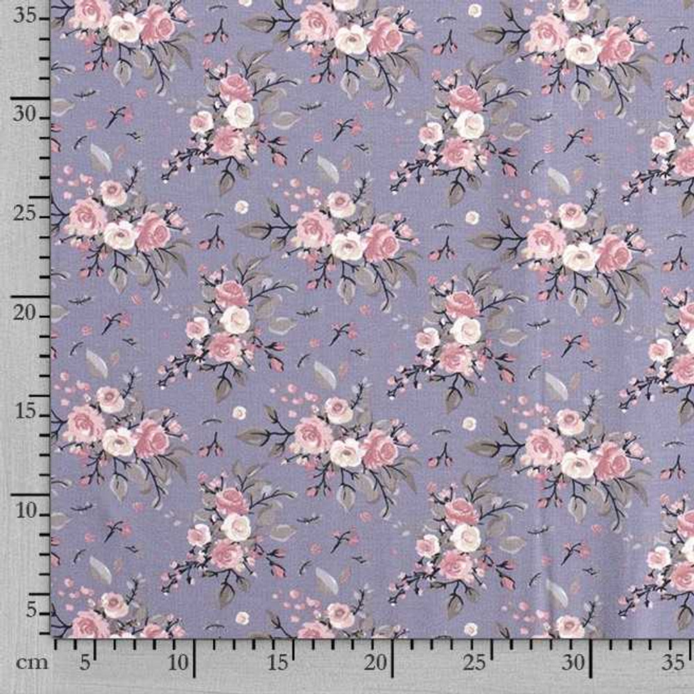 Adelaide Floral On Dusty Periwinkle Cotton Lycra Euro Knits