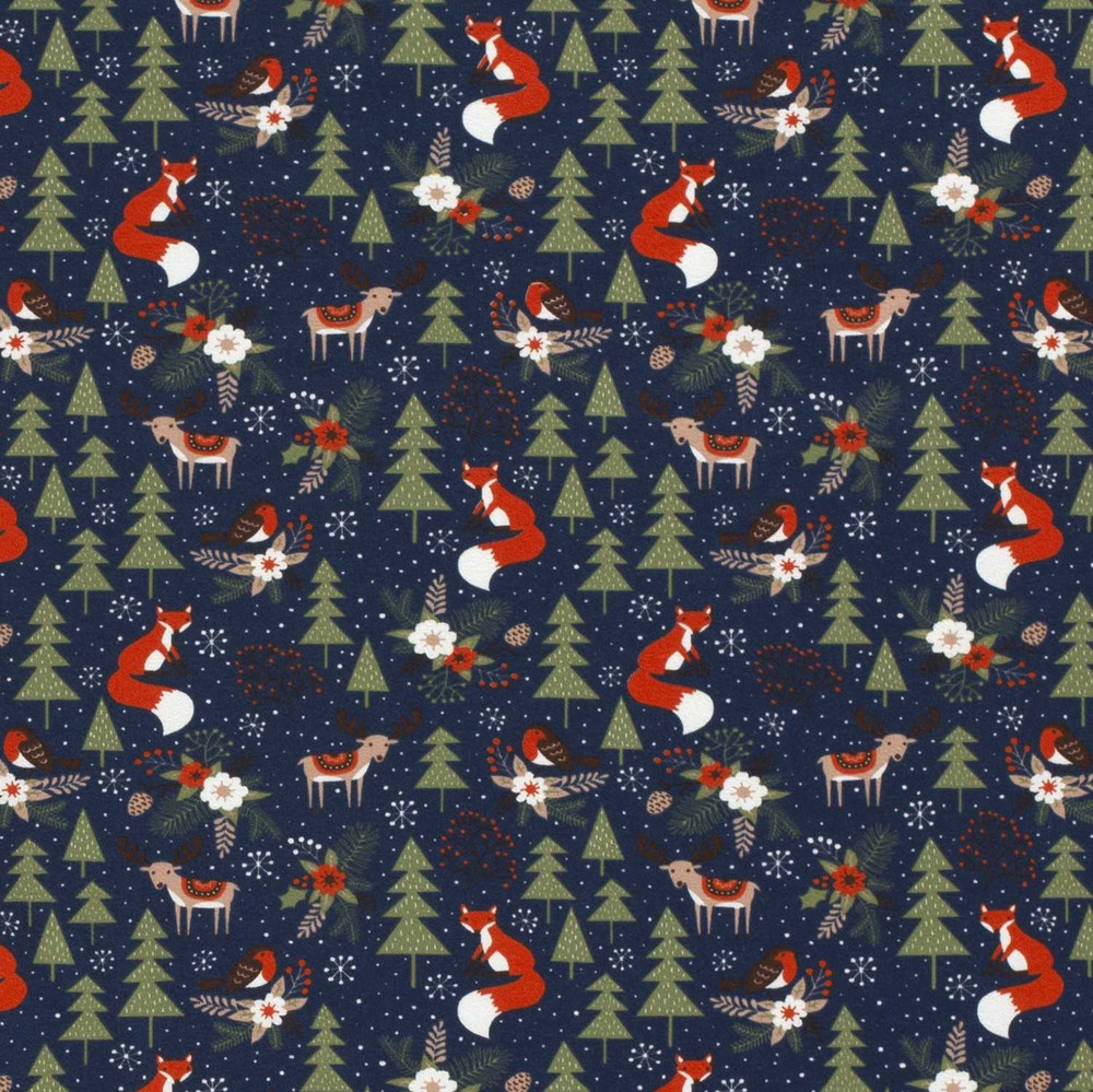 Hygge Forest On Navy Cotton Lycra Euro Knits