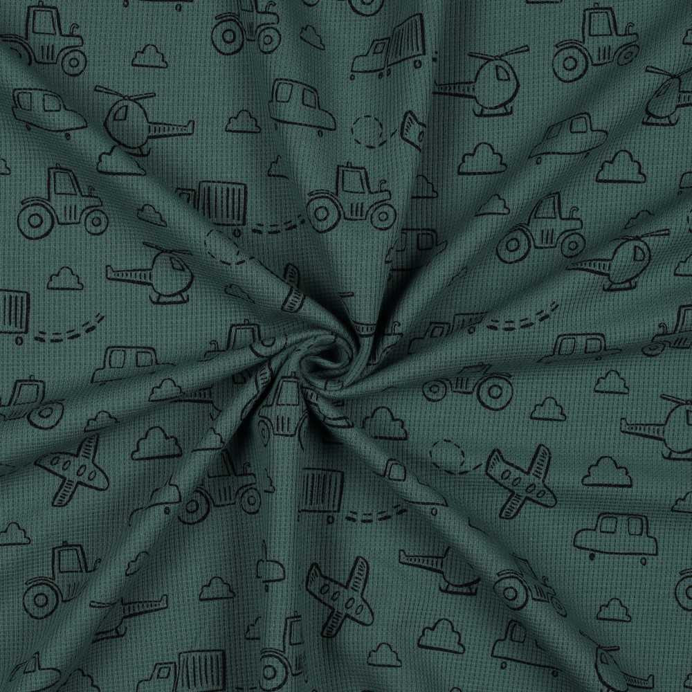 Trucks And Planes On Hunter Green Cotton Lycra Waffle Knit Euro Knits
