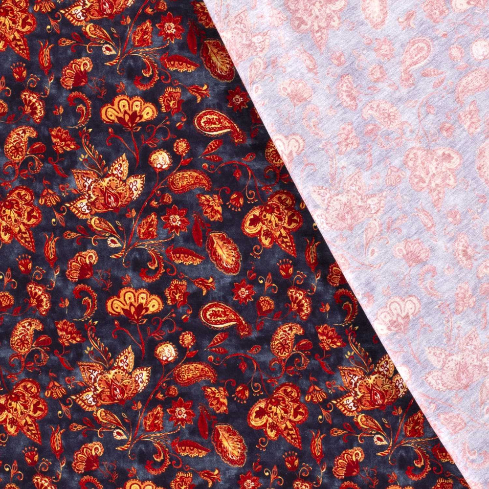Rust And Mustard Floral On Navy Watercolor Cotton Lycra Euro Knits