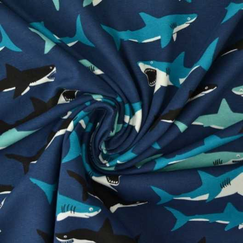 Happy Sharks On Navy Cotton Lycra Euro Knits