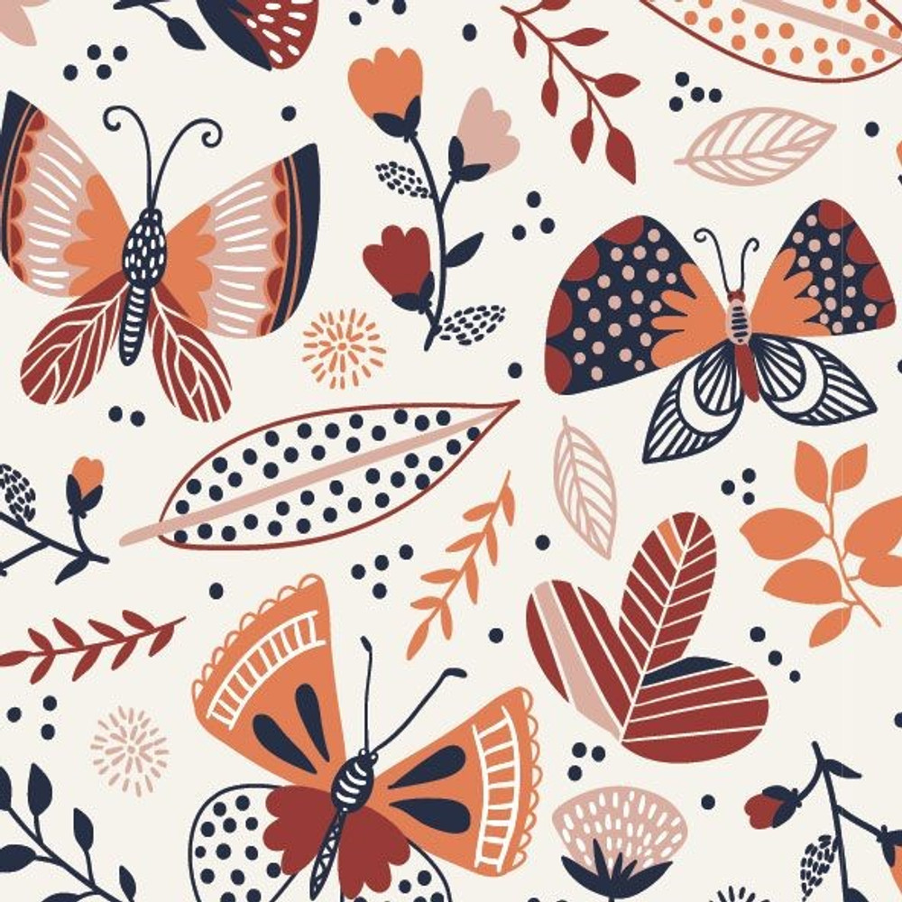 Folk Butterflies On Cream Cotton Lycra Knit