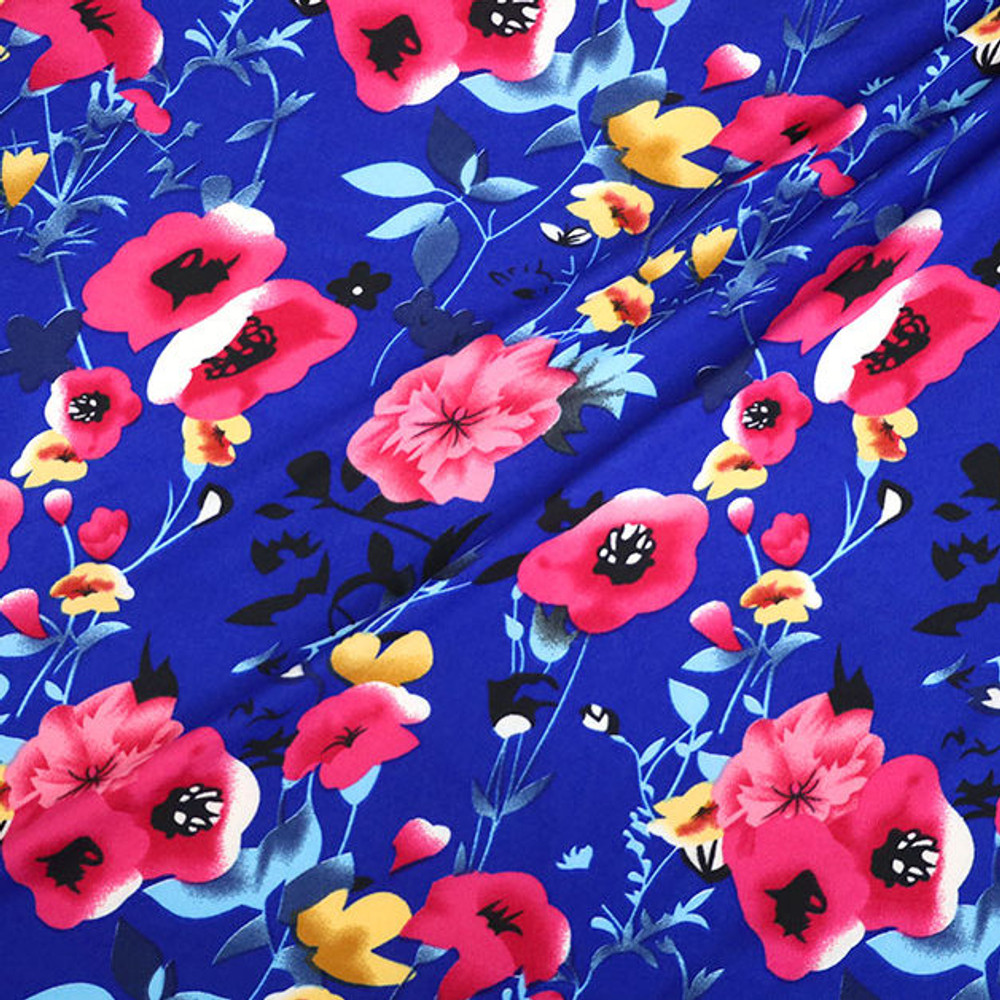 Pink Floral On Royal Blue Double Brushed Poly
