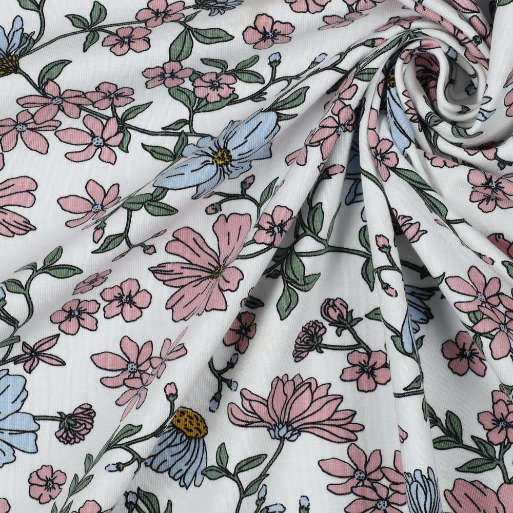 Cynthia Floral on Ivory Cotton Lycra Knit - KnitFabric.com