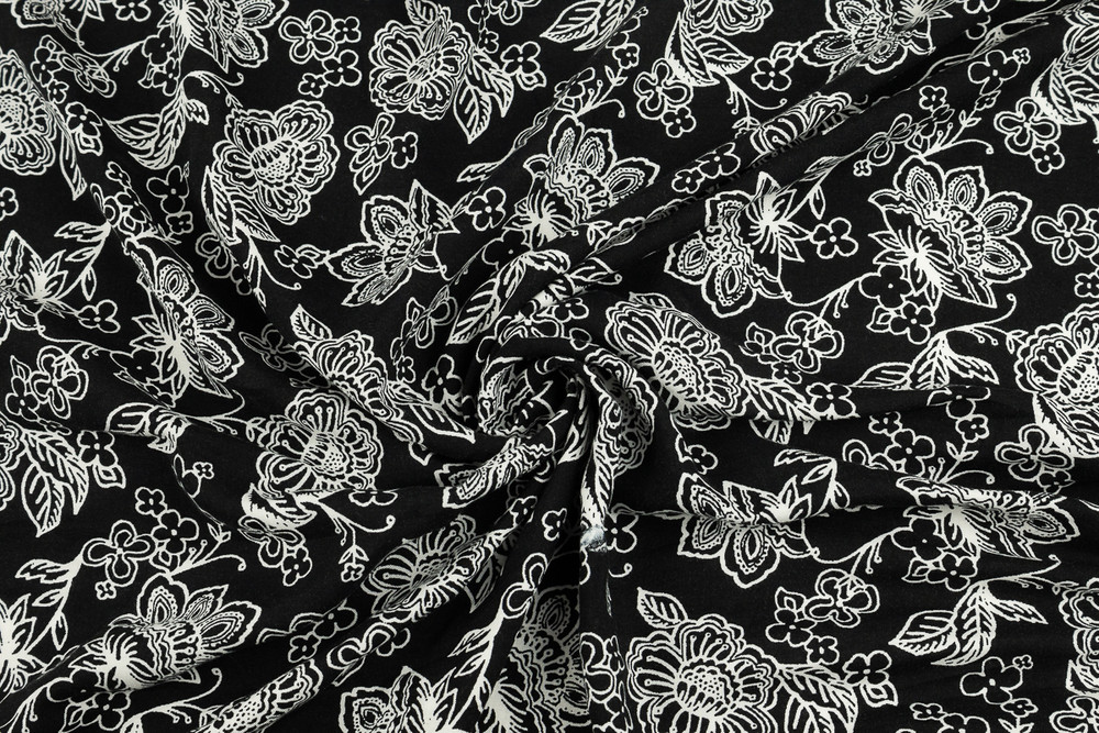 Floral Outline on Black Rayon Challis - KnitFabric.com