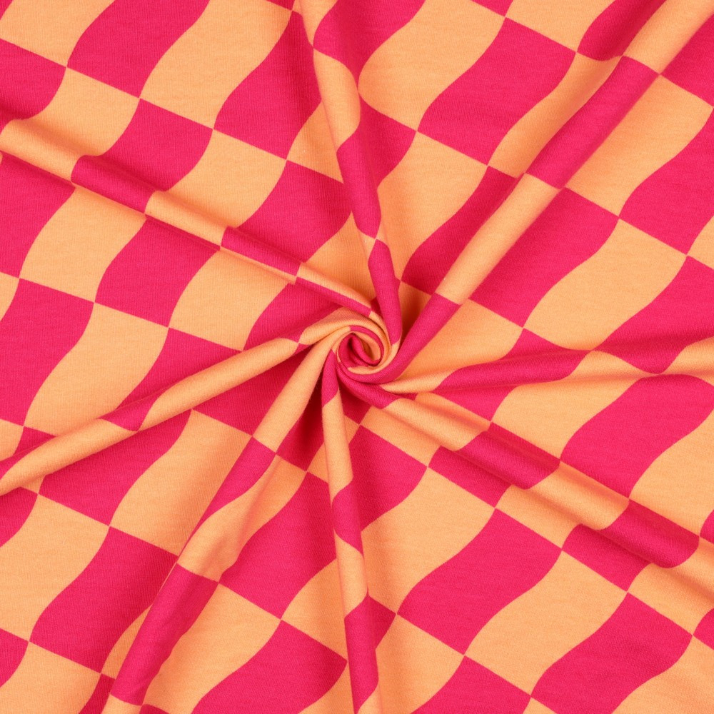 Peach & Pink Groovy Check Sweatshirt Fleece - KnitFabric.com Peach & Pink Groovy Check Sweatshirt Fleece - KnitFabric.com