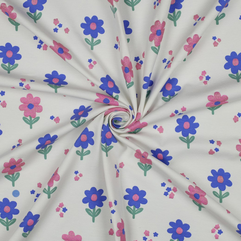 Addy Glitter Floral on Ivory Cotton Lycra - KnitFabric.com