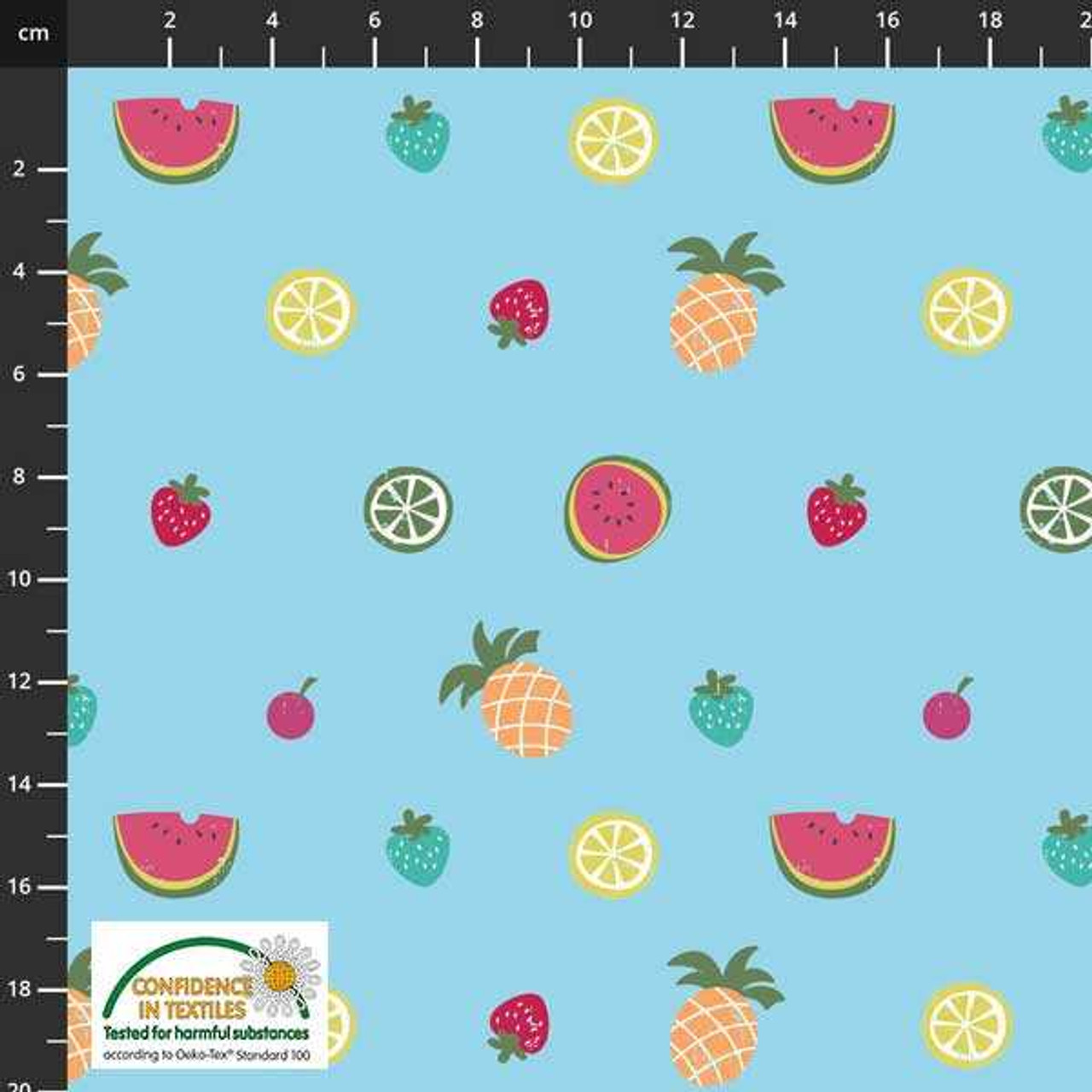 Stof Fabrics Summer Fruits On Blue Cotton Lycra Knit Stof