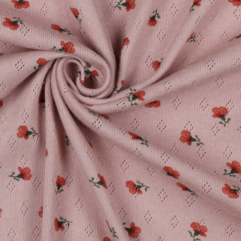 Spring Floral on Dusty Pink Pointelle Rib Knit - KnitFabric.com