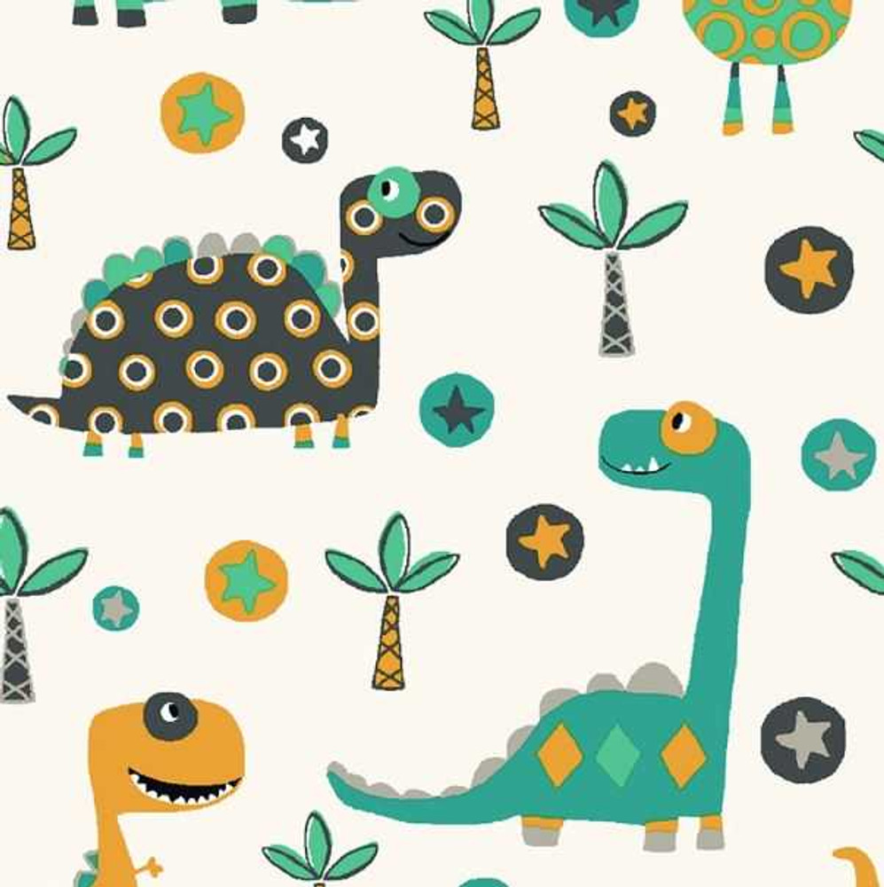 Stof France Dinosaurs And Stars In Green On Cotton Lycra Knit Stof France