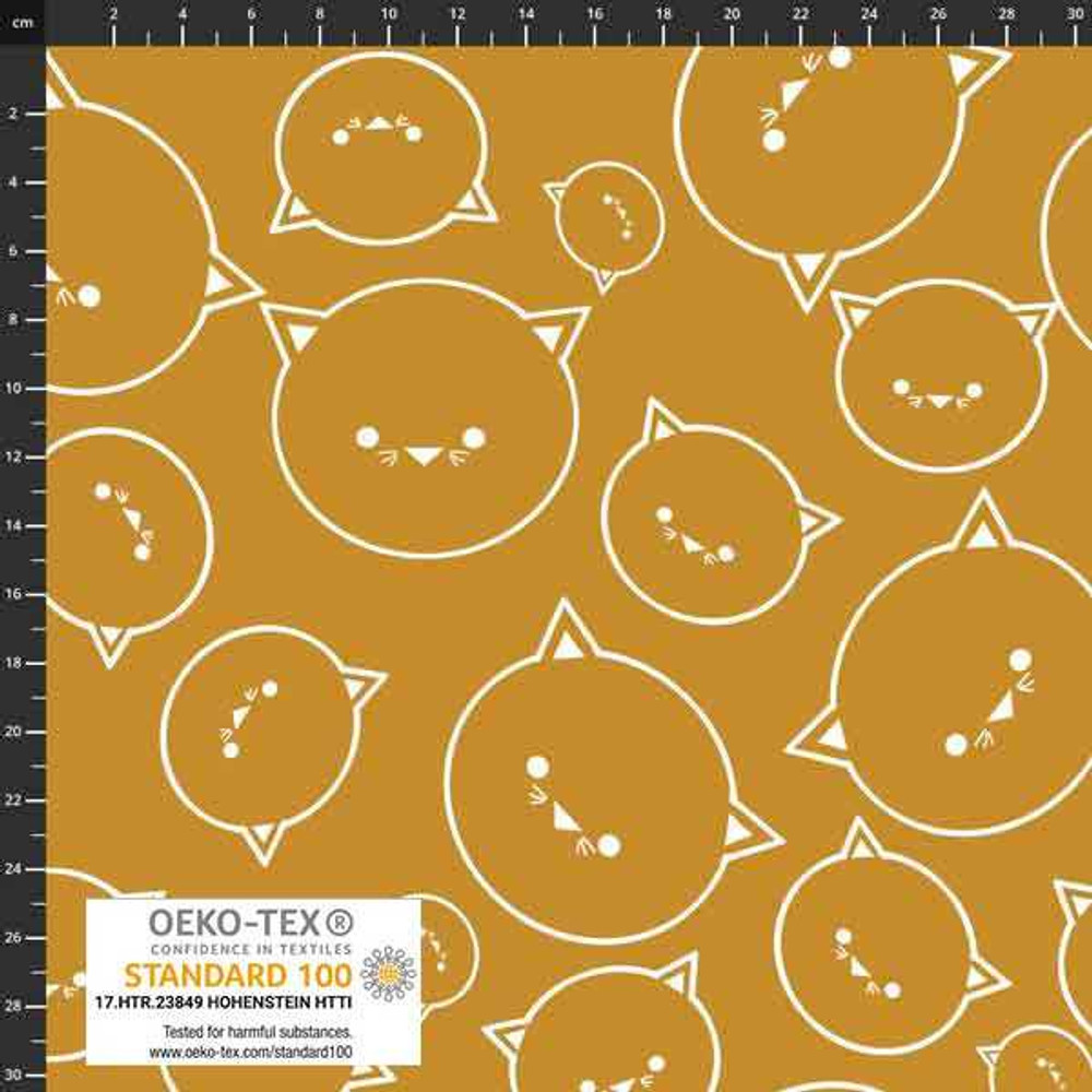 Stof Fabrics Cat Faces On Mustard Cotton Lycra Knit Stof