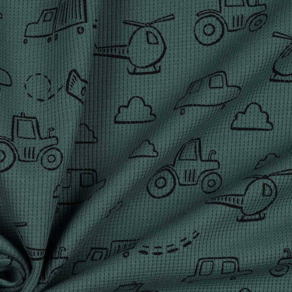Trucks And Planes On Hunter Green Cotton Lycra Waffle Knit Euro Knits