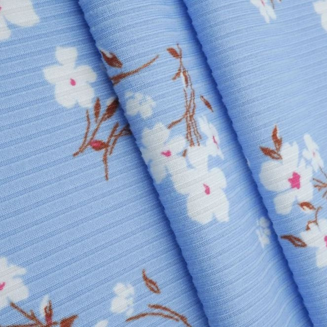 Blossoms on Baby Blue 4x2 Rib Knit - KnitFabric.com