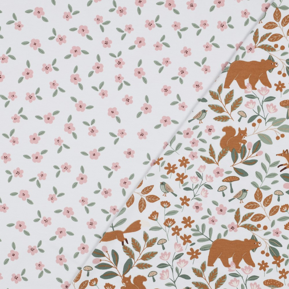 Sweet Pink Flowers on White Cotton Lycra Knit - KnitFabric.com