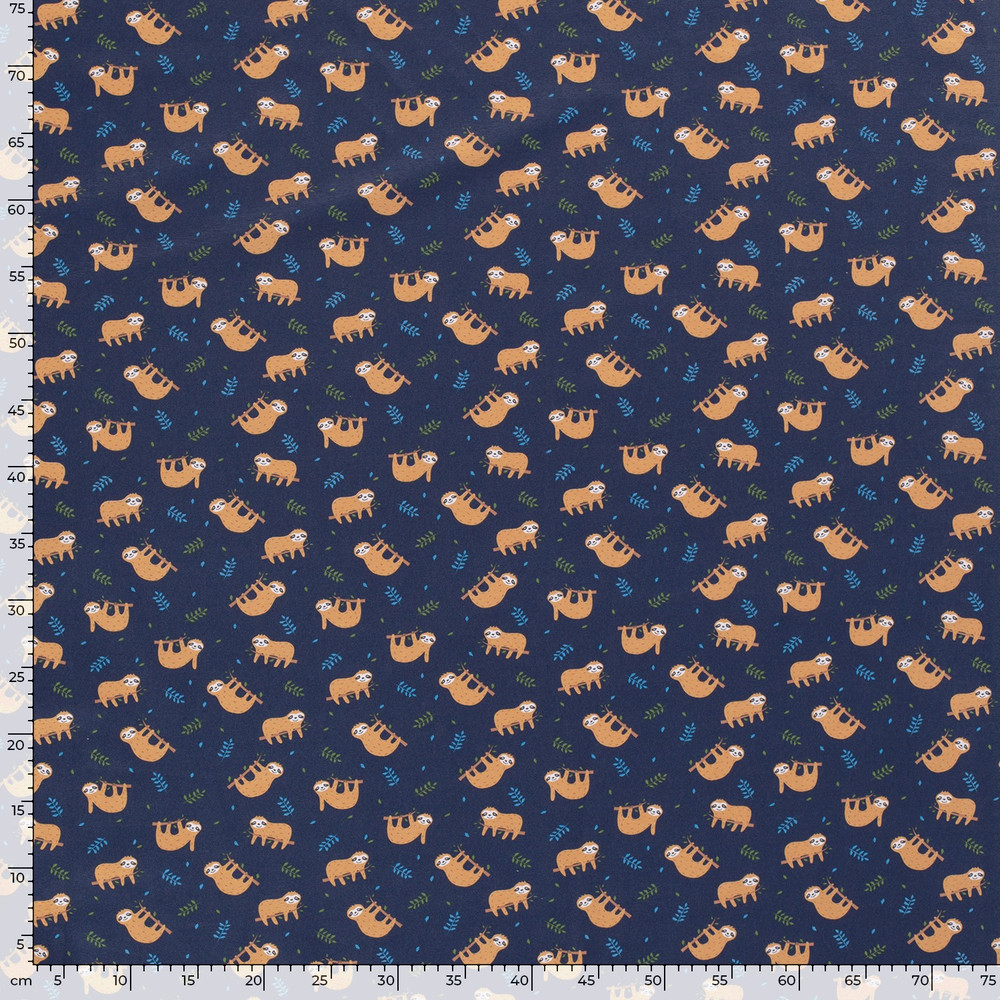 Playful Sloth on Navy Cotton Lycra - KnitFabric.com