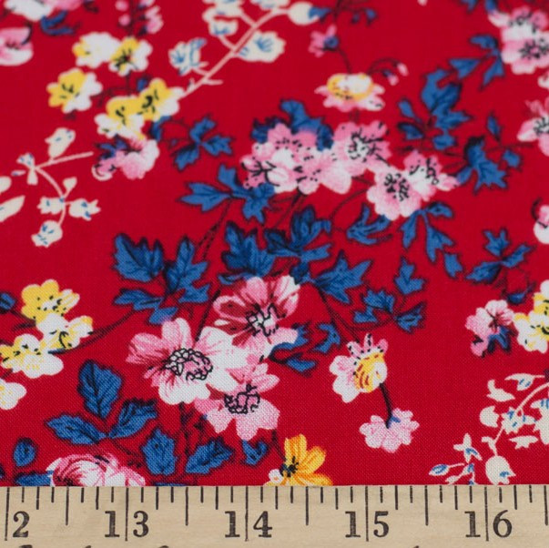 Floral Bouquet on Red Rayon Challis - KnitFabric.com