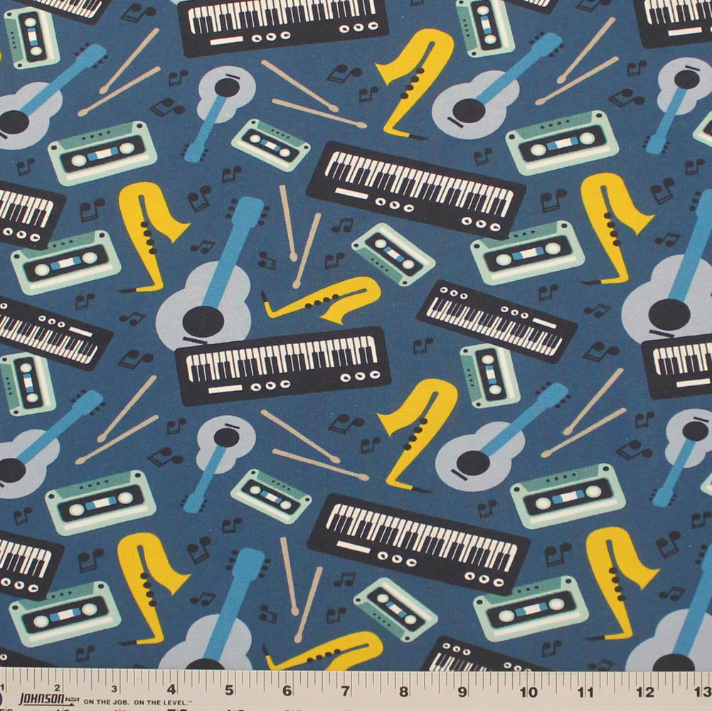 Music Life on Blue Cotton Lycra Knit - KnitFabric.com