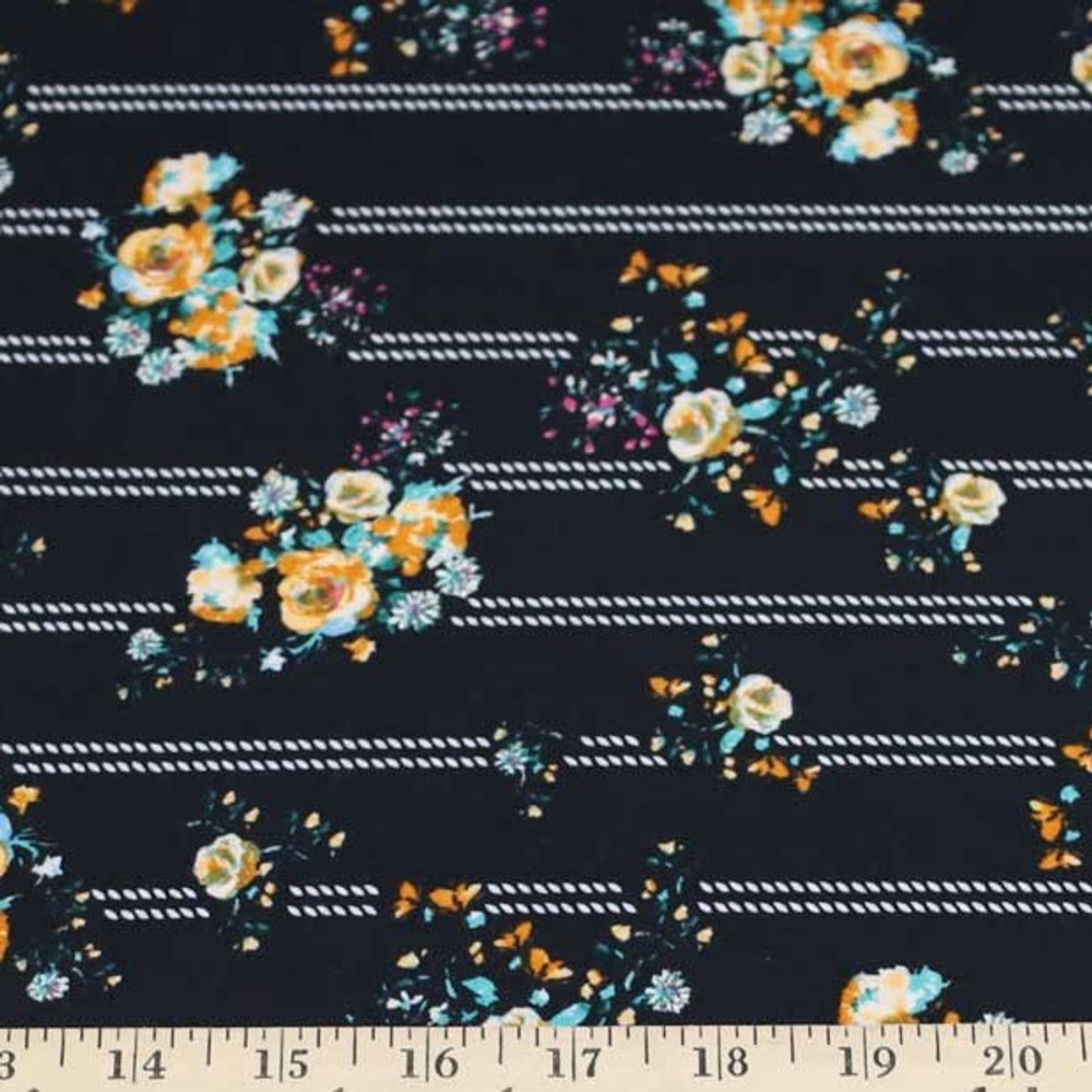 Yellow Floral On Black And White Stripe Double Brushed Poly