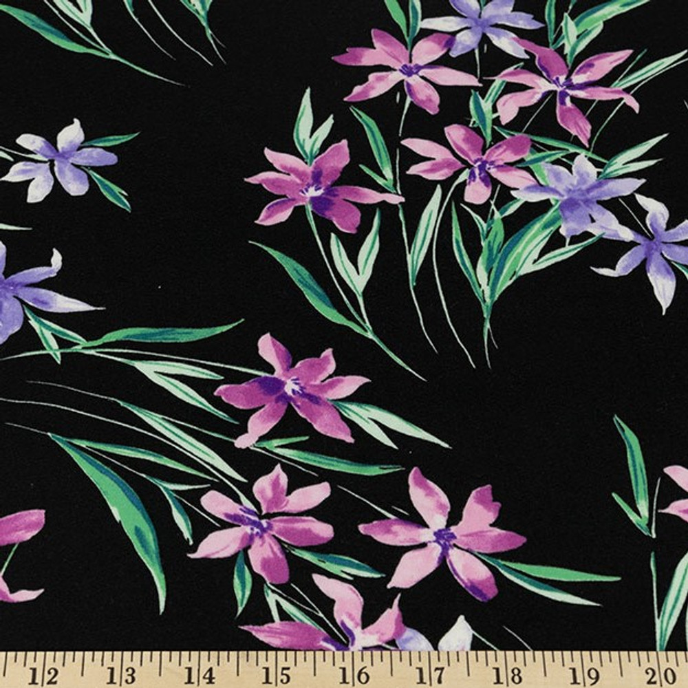 Delicate Floral On Black Double Brushed Poly