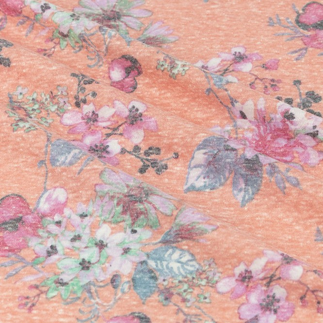 Floral on Peach Slub Knit - KnitFabric.com