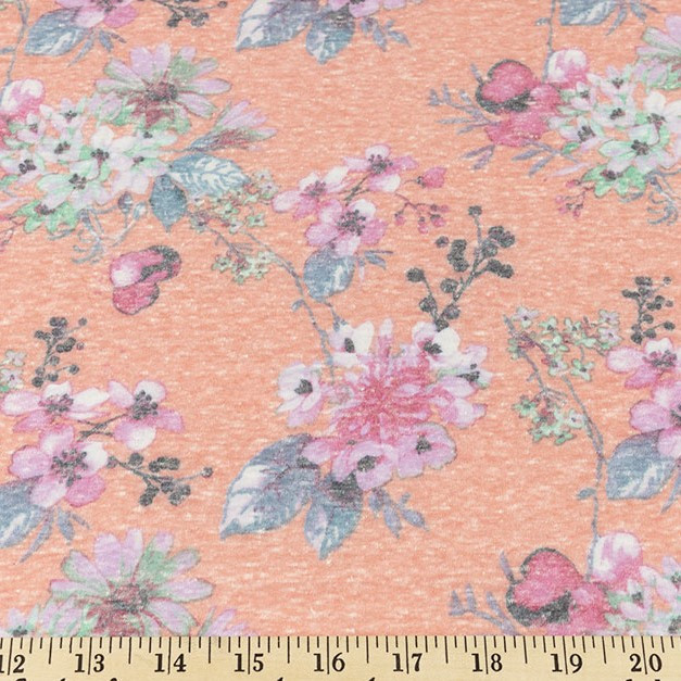 Floral on Peach Slub Knit - KnitFabric.com