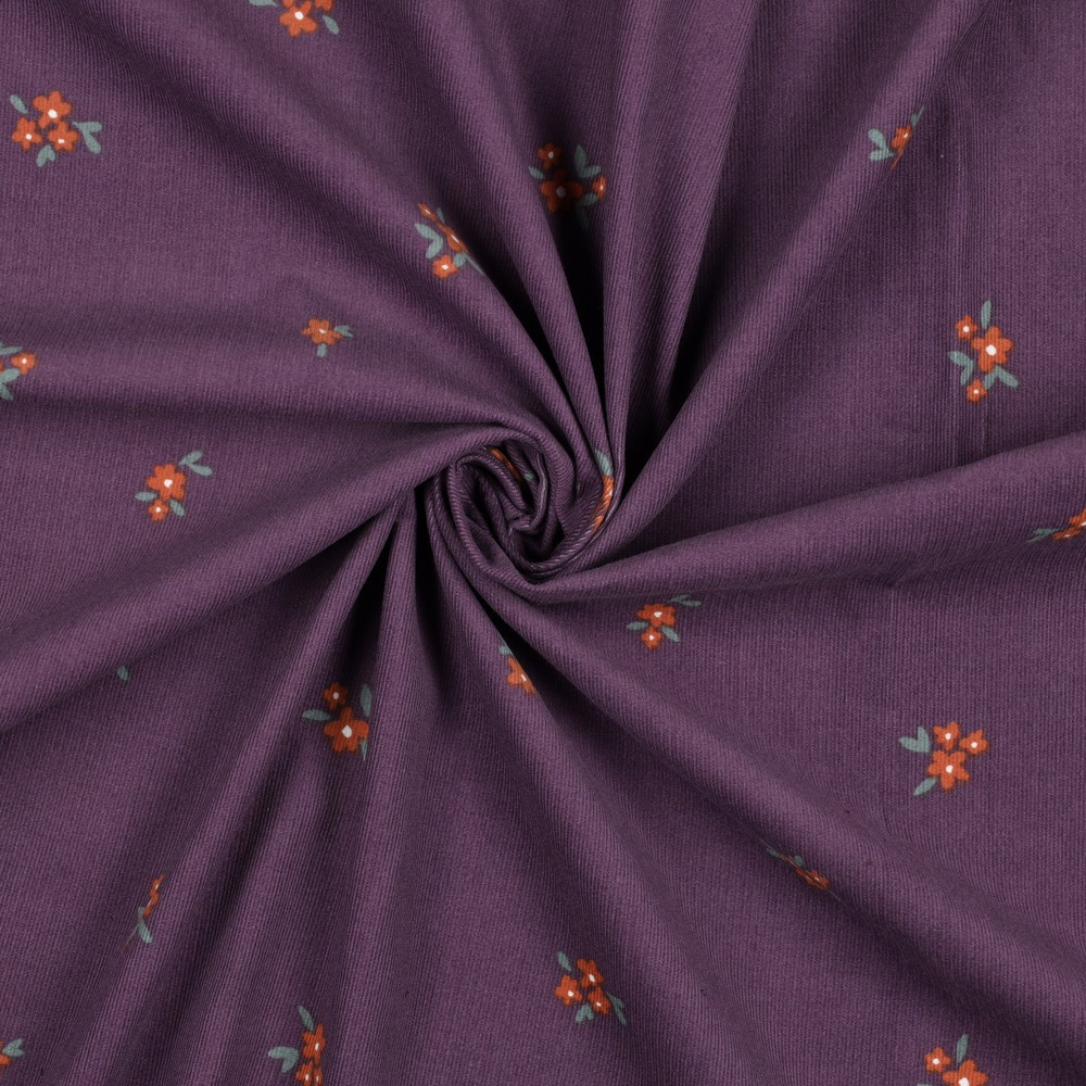 Rust Floral on Dark Purple Baby Corduroy - KnitFabric.com