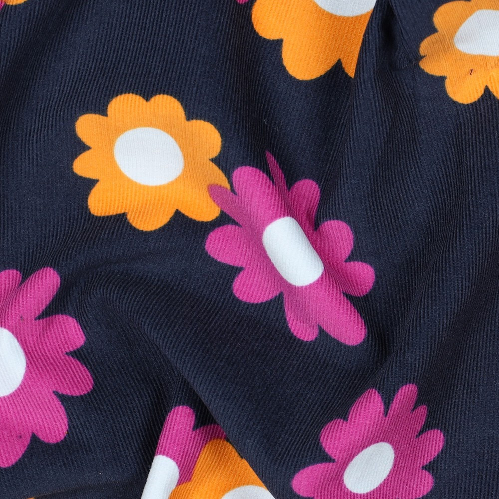 Pink & Yellow Flowers on Navy Baby Corduroy - KnitFabric.com