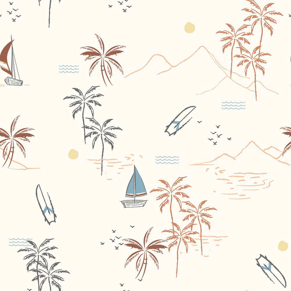 Surf Bus & Palm Trees Cotton Lycra Knit - KnitFabric.com