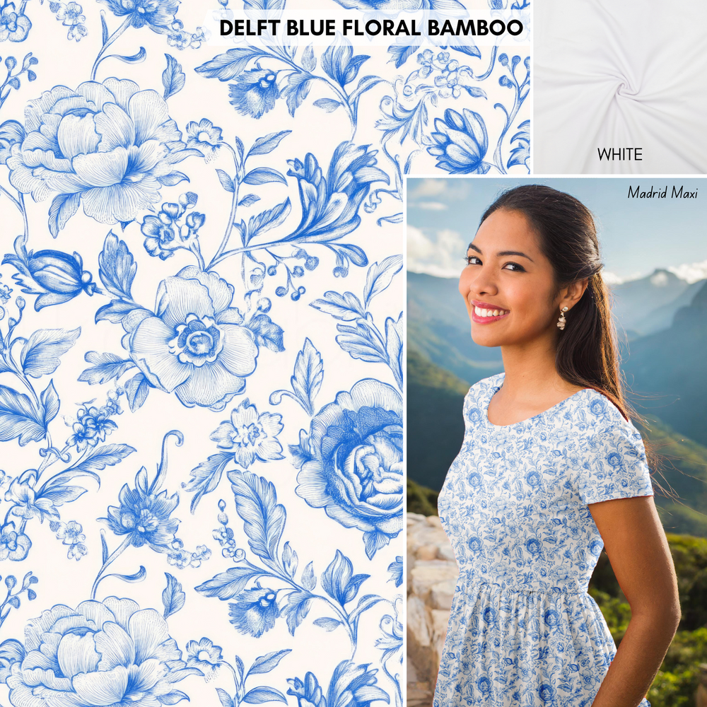 Custom Delft Blue Floral Bamboo Cotton Lycra - KnitFabric.com