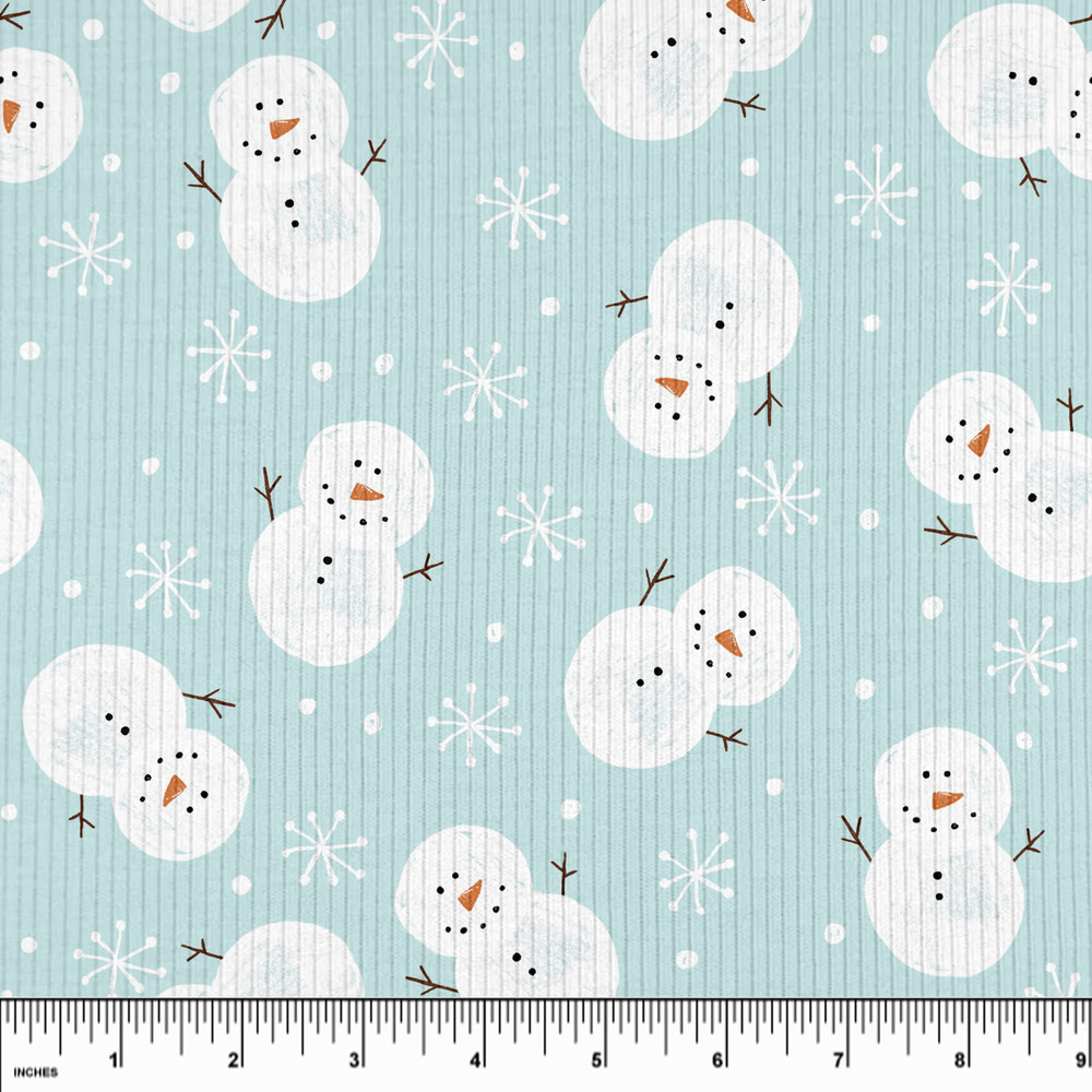 Custom Snowmen on Frosted Blue Rib Knit - KnitFabric.com