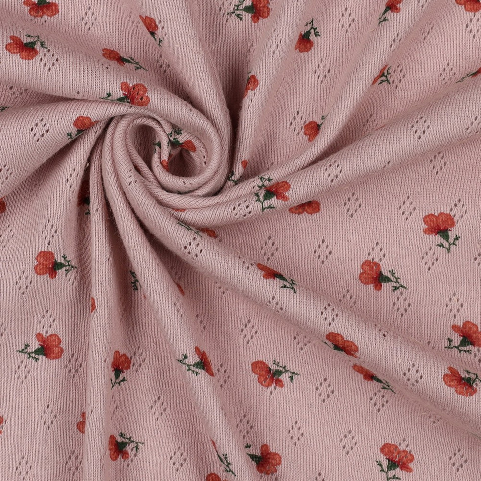 Spring Floral on Dusty Pink Pointelle Rib Knit - KnitFabric.com