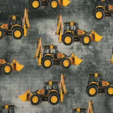 Diggers on Gray Melange Cotton Lycra Knit Euro Knits KnitFabric.com