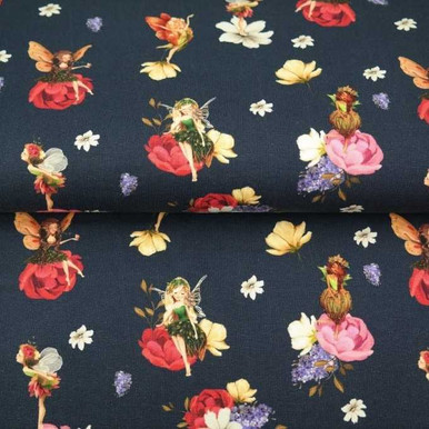 Flower Fairies on Navy Cotton Lycra Euro Knits KnitFabric.com