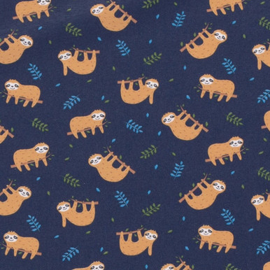 Playful Sloth on Navy Cotton Lycra - KnitFabric.com