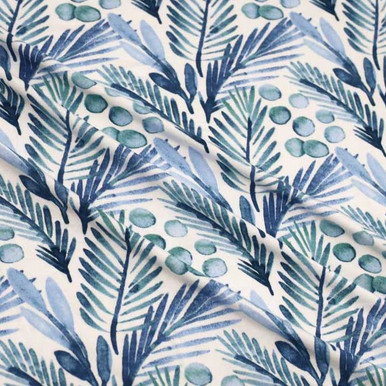Blue Foliage on White Rayon Modal Spandex - KnitFabric.com