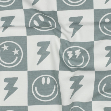 Sage Smiley Face Check Cotton Lycra - KnitFabric.com