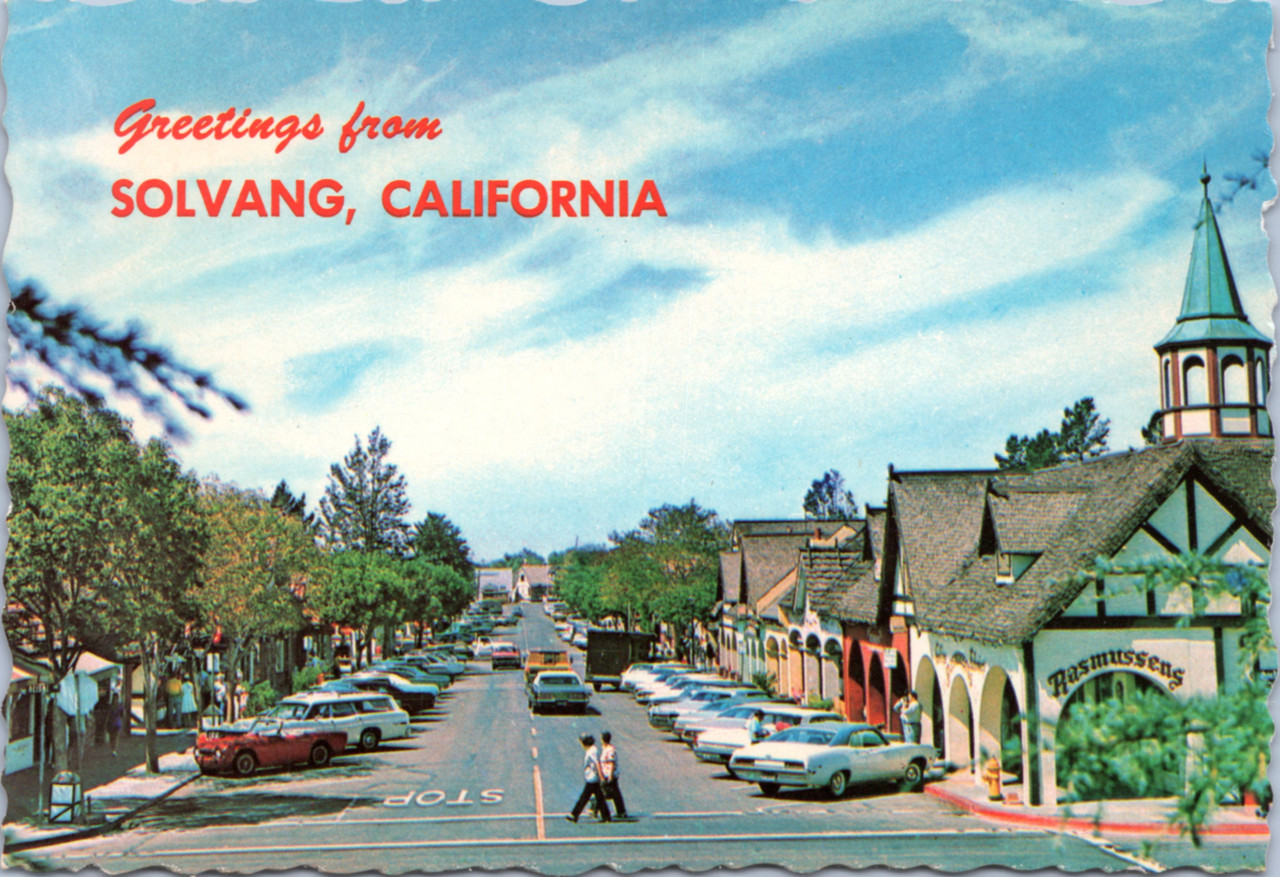 Greetings from Solvang - street scene with cars - The Gayraj
