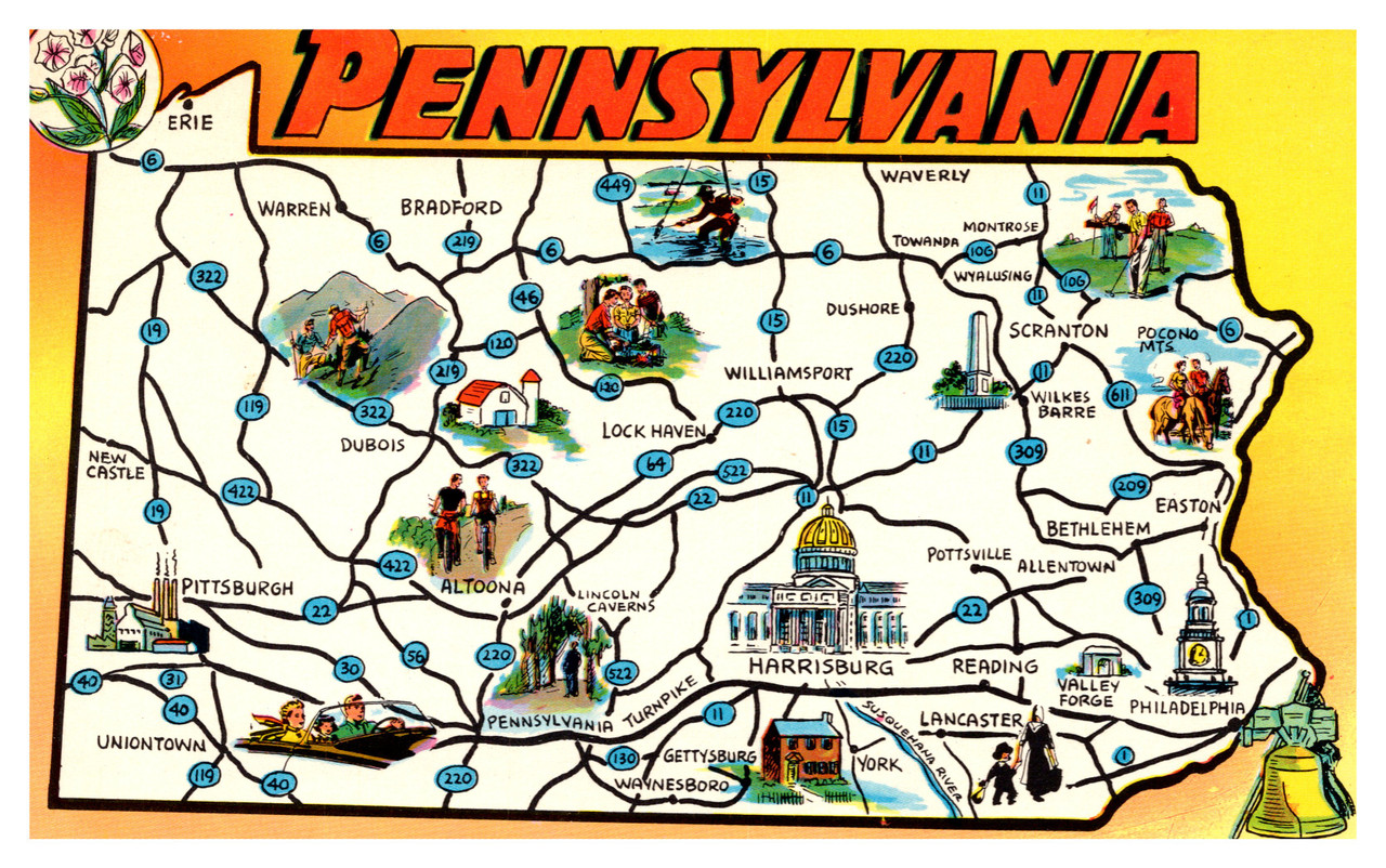 Pennsylvania map with tourist spot pictures liberty bell (29-707) - The ...
