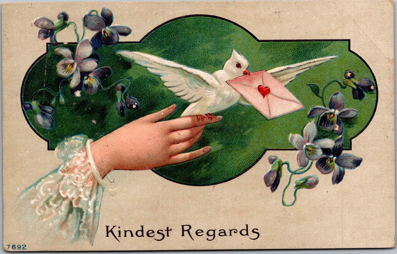 Dove delivering envelope green background purple flowers Kindest ...