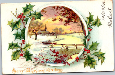 Merry Christmas Greetings Church on river bridge and canoe - The Gayraj