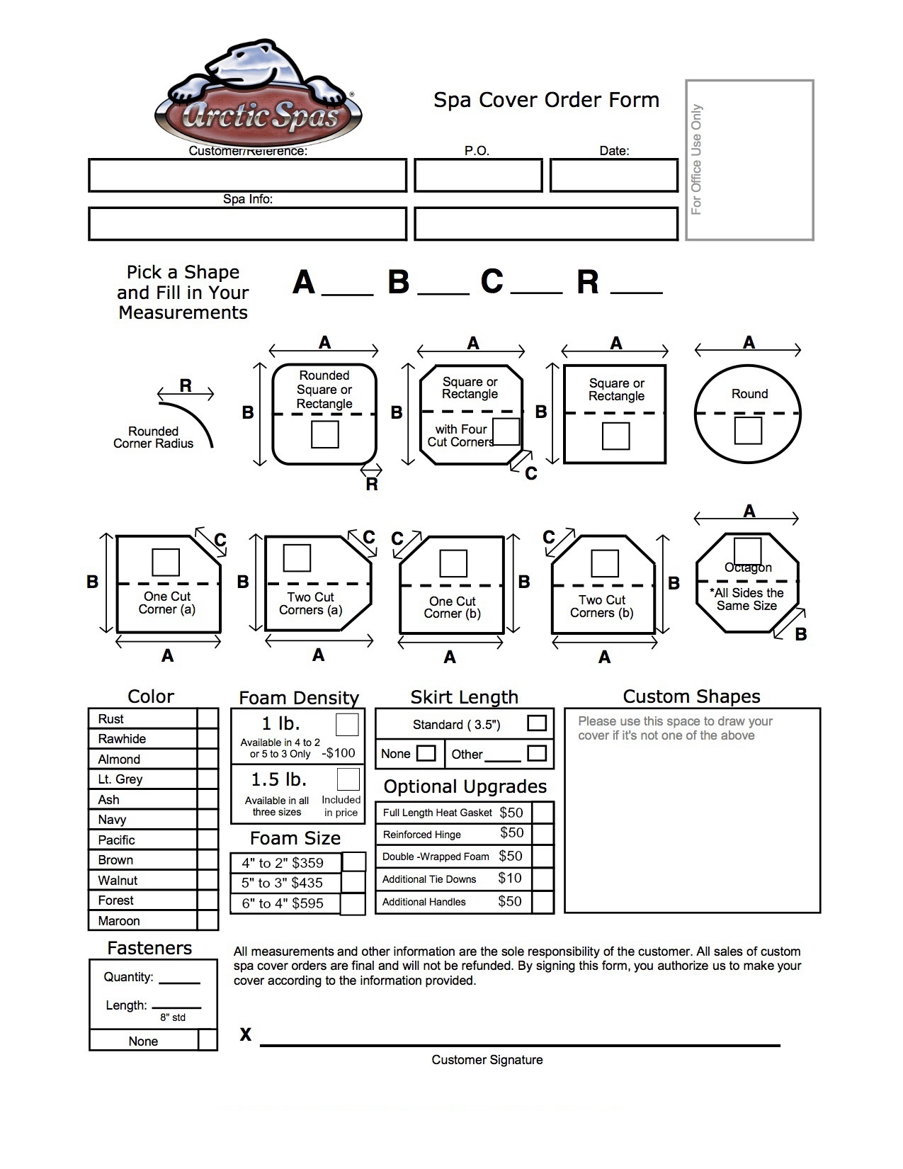 Cover Order Form - Arctic Spa Store
