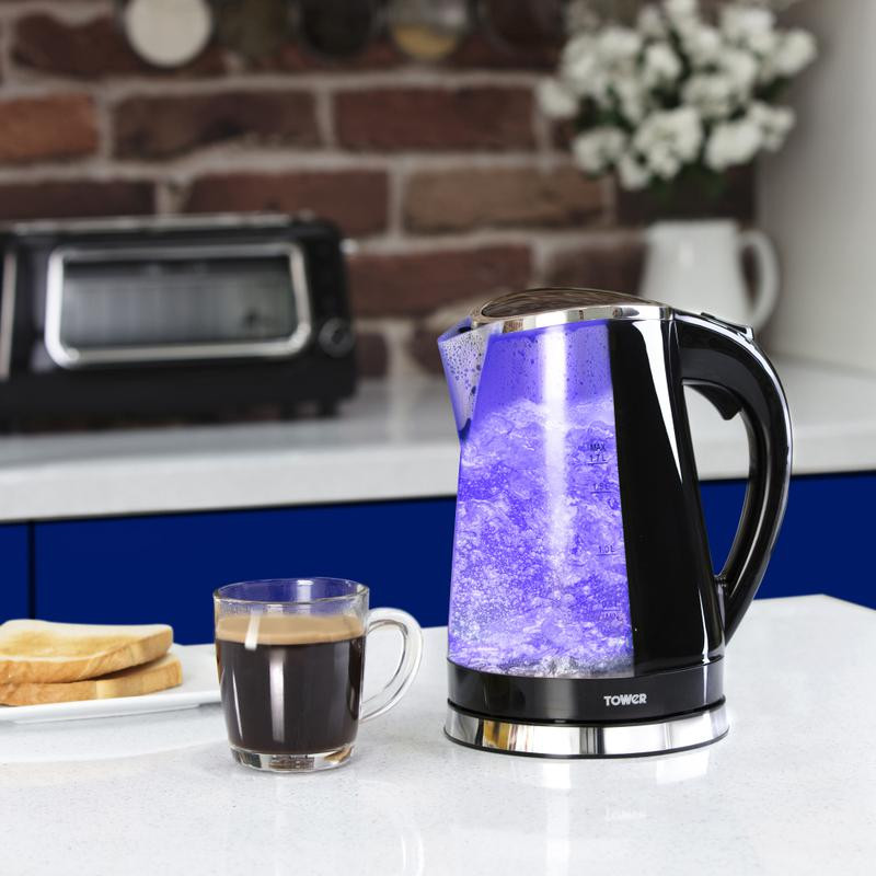 Tower 2200W 1.7L LED Colour Changing Kettle Black - Cut Price Kitchens