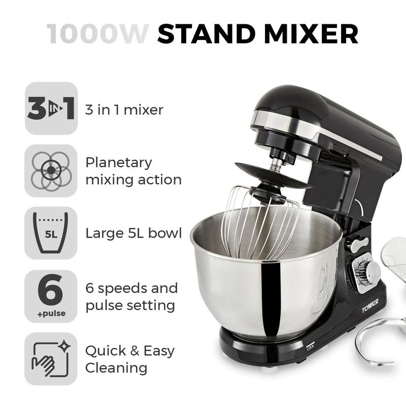 Tower 1000W Stand Mixer with 5L Stainless Steel Bowl - Cut Price Kitchens