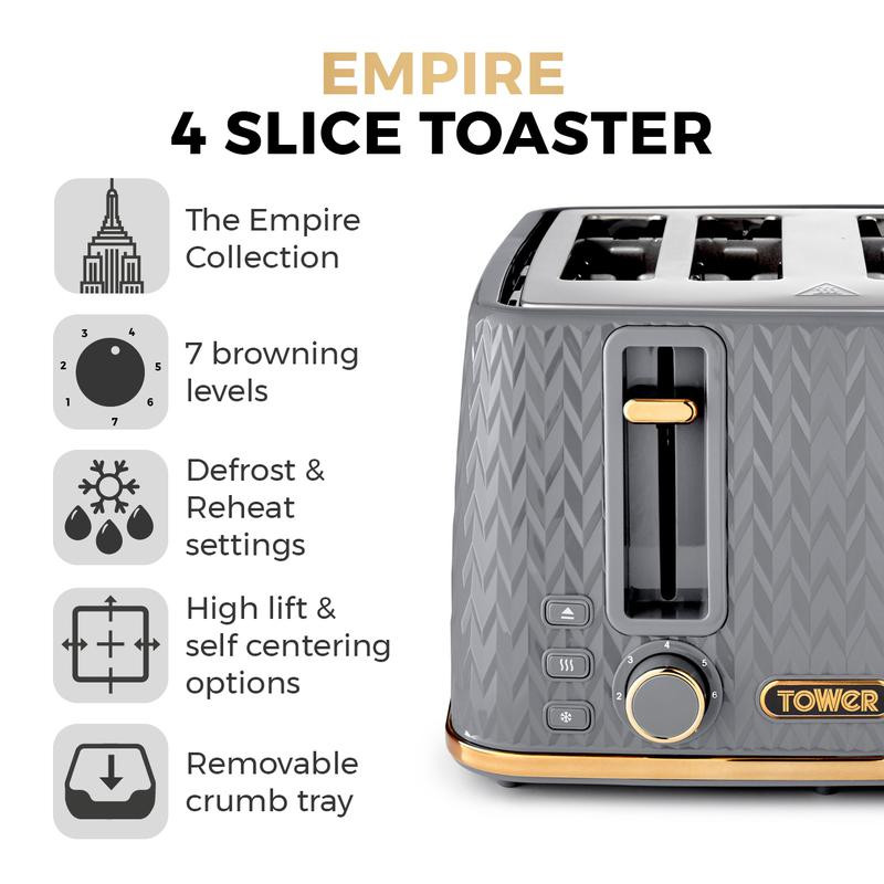 Tower Empire 4 Slice Toaster Grey - Cut Price Kitchens